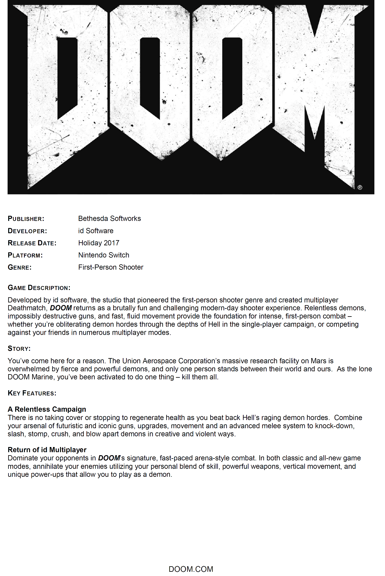 Doom | Box Art y Hoja de Especificaciones – Nintendo Switch. – NINtheorist